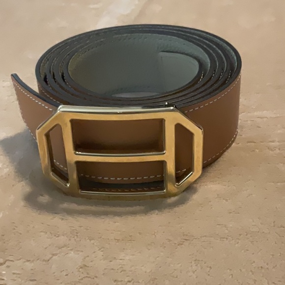 Hermes | Accessories | Hermes Tan And Gold Belt With Geometric Hardware ...